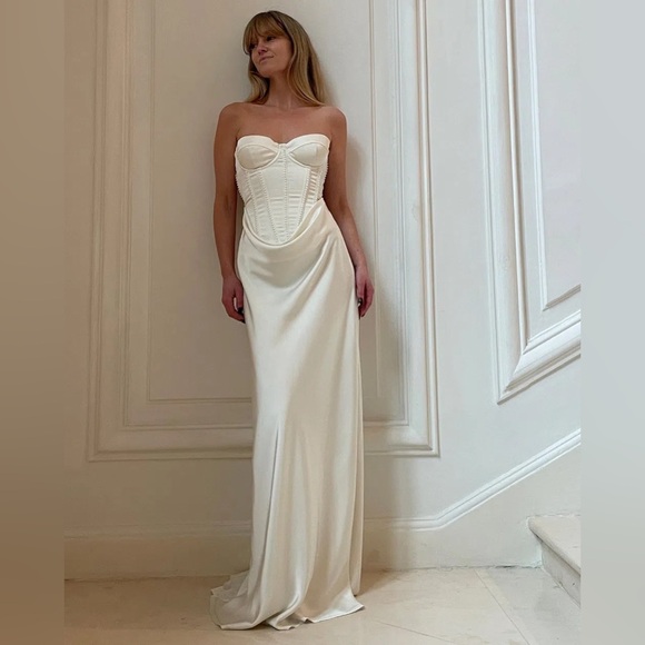 ROTATE | Dresses | Rotate Satin Pearl Corset Dress In Egret White ...